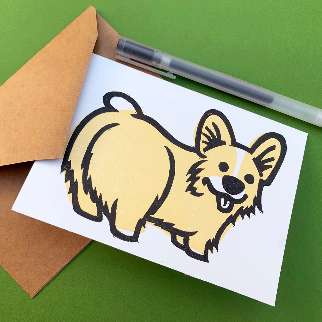 Corgi Cards Blank Greeting Card & Envelope Linocut Stamp Art - Etsy