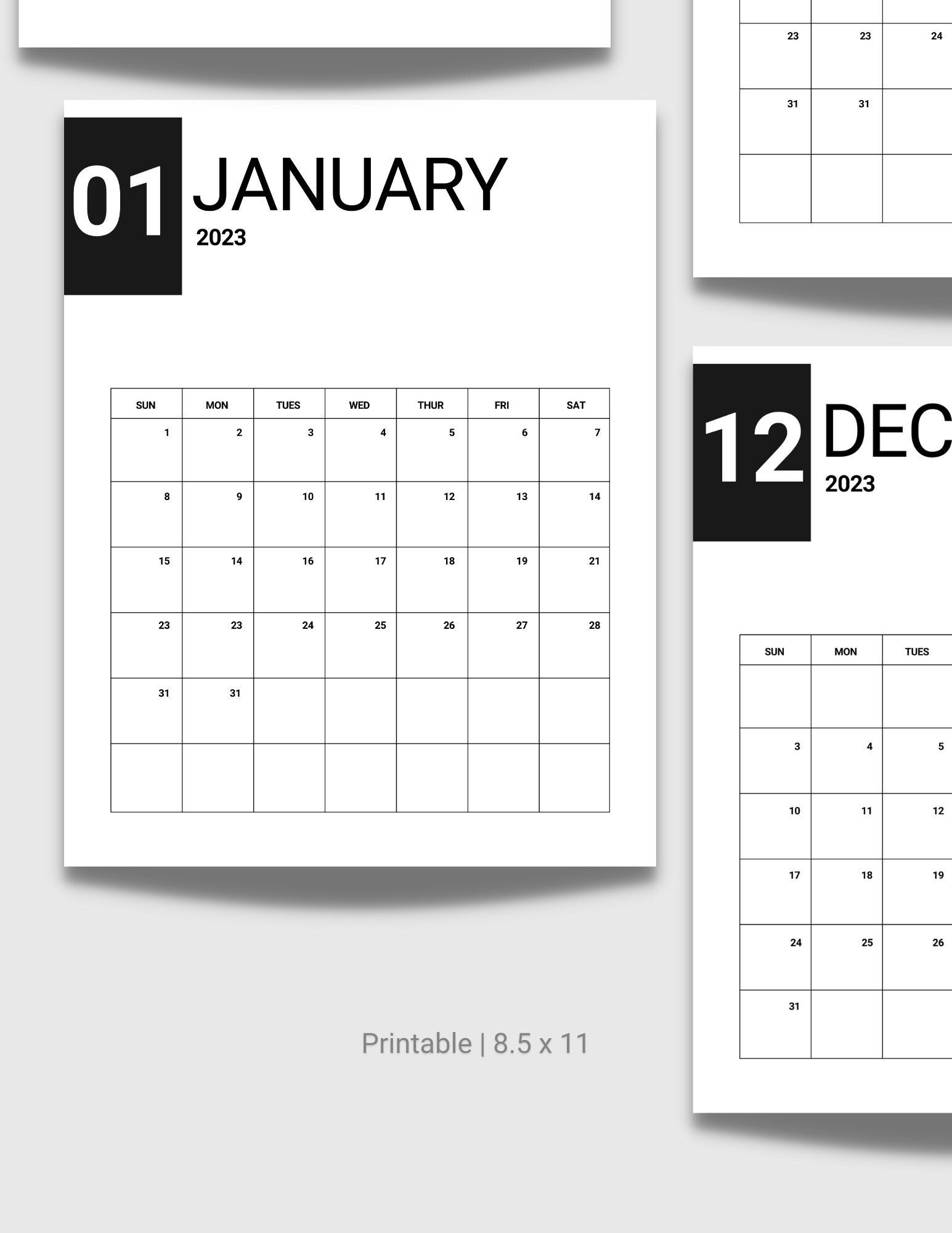 2023 Calendar PDF, Printable Blank Monthly Calendar 2023 With Sunday ...