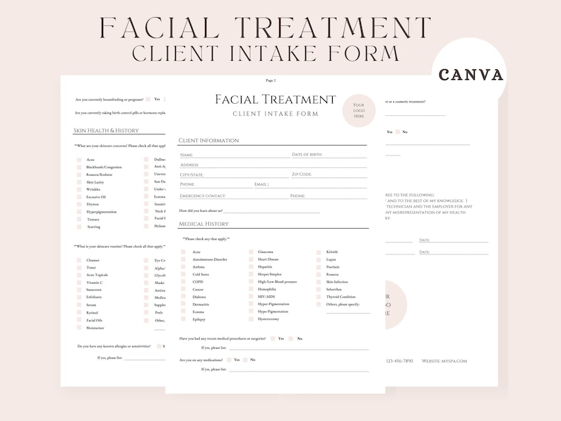 Professional Facial Treatment Form, Editable Esthetician Template ...