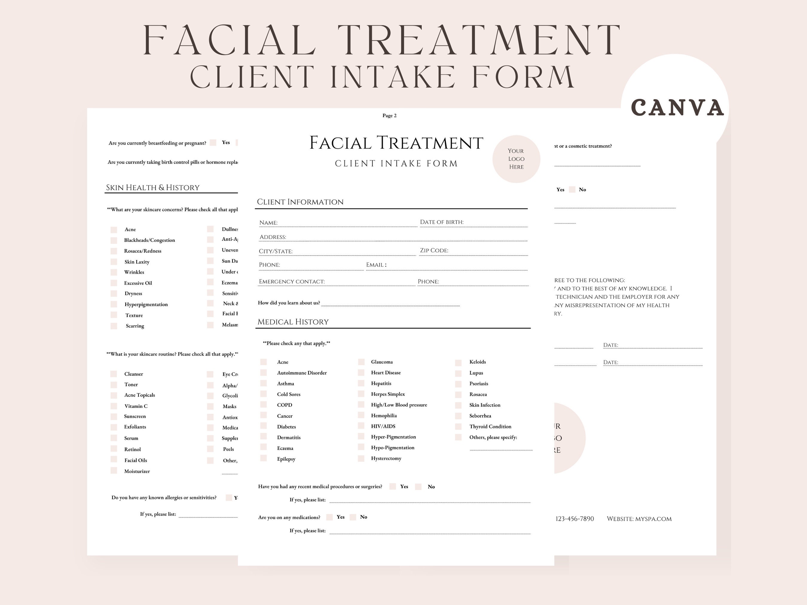 Professional Facial Treatment Form, Editable Esthetician Template ...