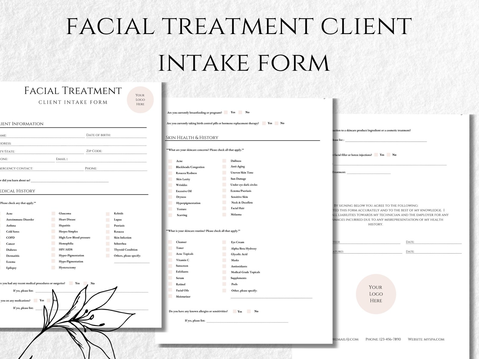 Facial Treatment Forms Bundle, Editable Esthetician Template, Printable ...