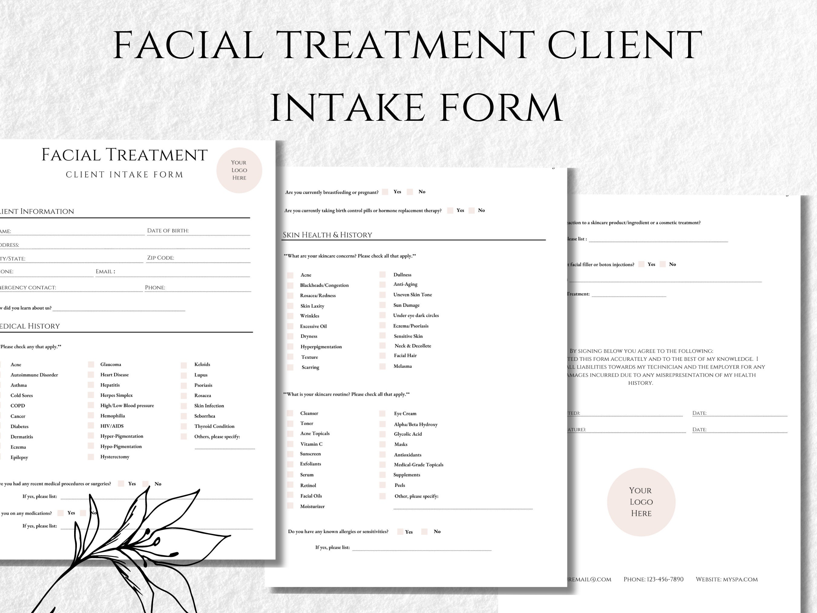 Facial Treatment Forms Bundle, Editable Esthetician Template, Printable ...