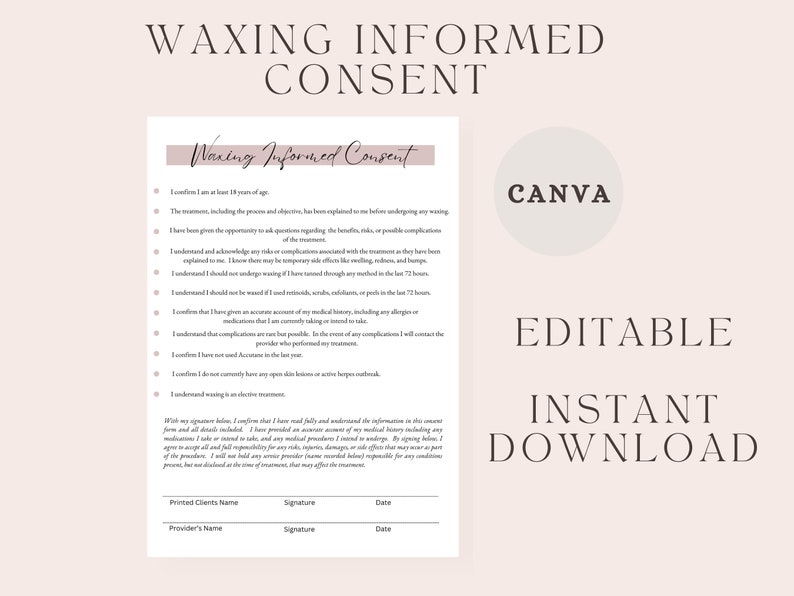 Waxing Consent Form: Editable Esthetician Template (canva, Digital ...