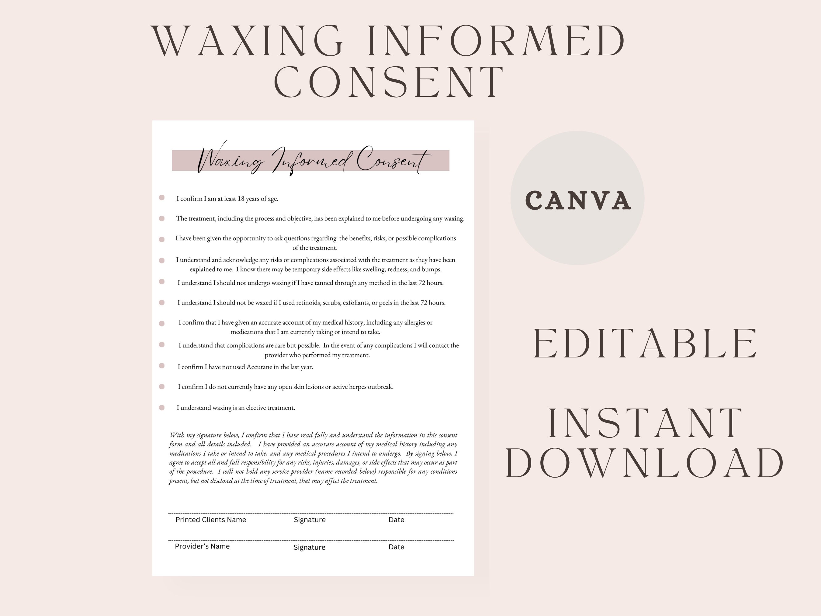 Waxing Consent Form, Editable Esthetician Template, Printable Template ...