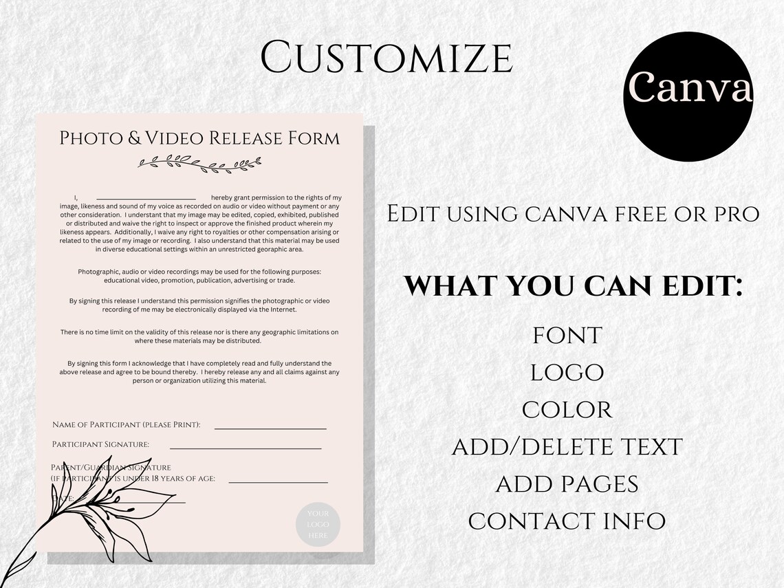 Photo Release Form, Video Release Form, Editable Esthetician Template ...
