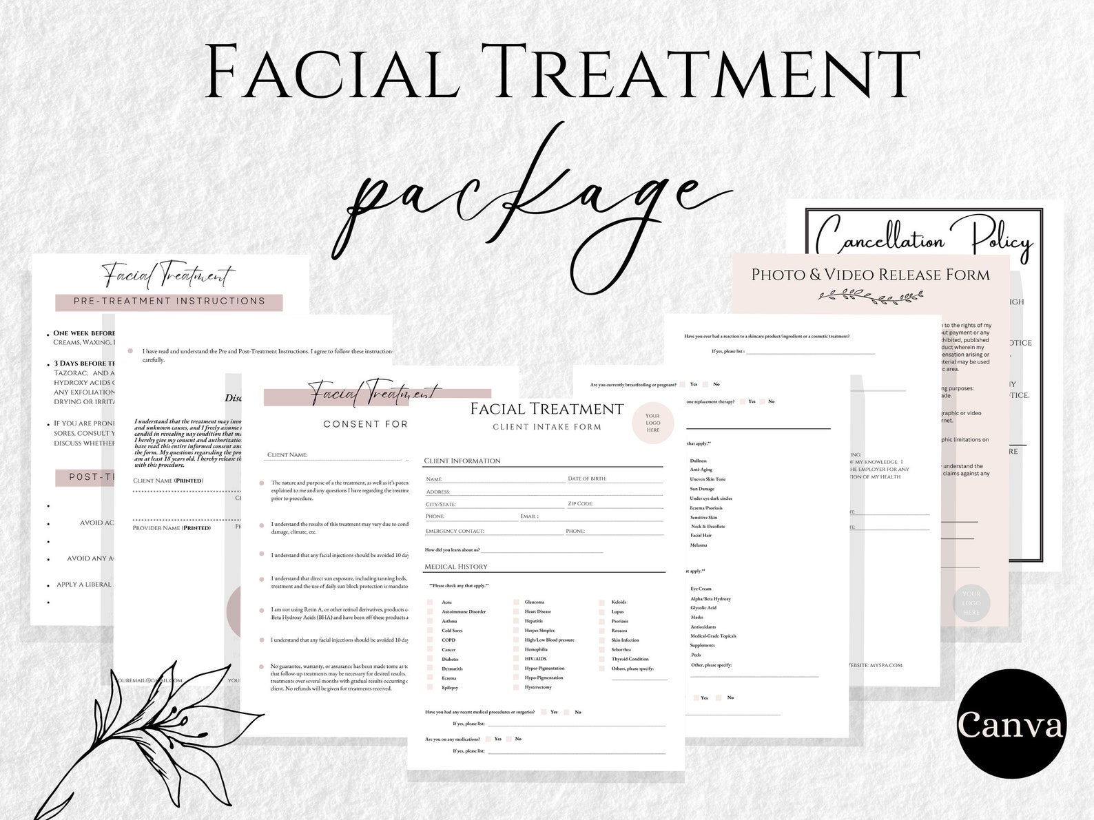 Facial Treatment Forms Bundle, Editable Esthetician Template, Printable ...