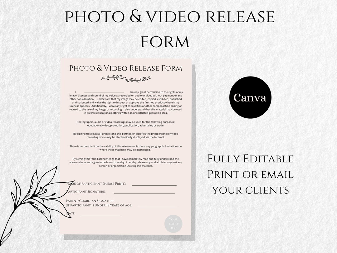 Photo Release Form, Video Release Form, Editable Esthetician Template, Printable Template, Photo ...