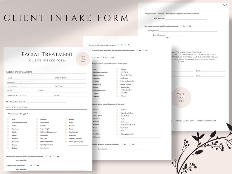 Professional Facial Treatment Form, Editable Esthetician Template ...