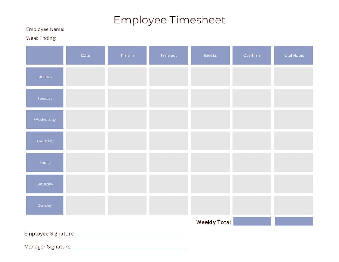 Employee Timesheet , Weekly Employee Timesheet, Instant Download Pdf ...