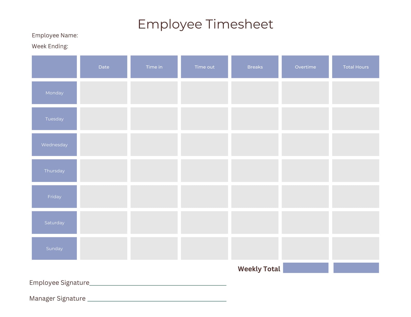 Employee Timesheet , Weekly Employee Timesheet, Instant Download Pdf ...