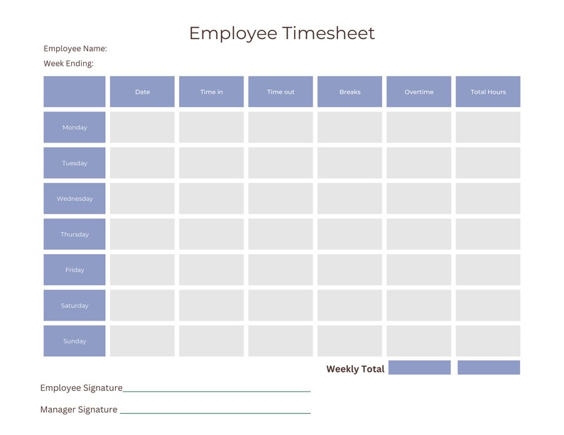 Employee Timesheet , Weekly Employee Timesheet, Instant Download Pdf ...