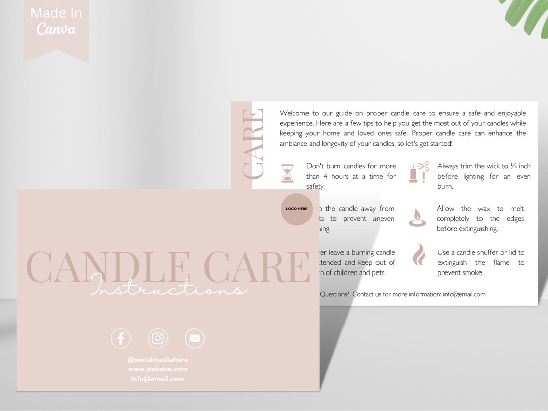 Candle Care Card, Printable Candle Care Instructions, Editable Candle ...