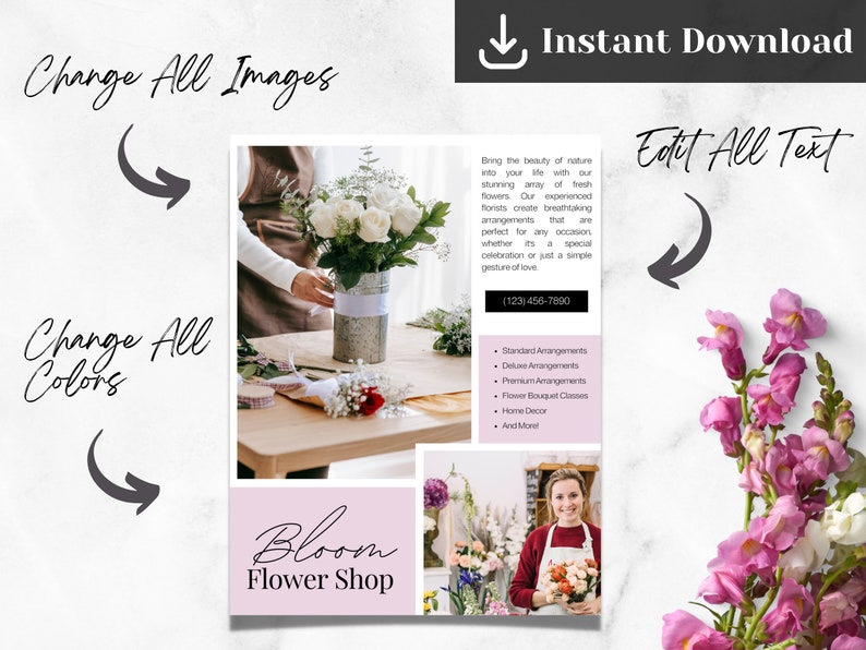 Flower Shop Flyer Template, Editable Florist Flower Shop Small Business ...