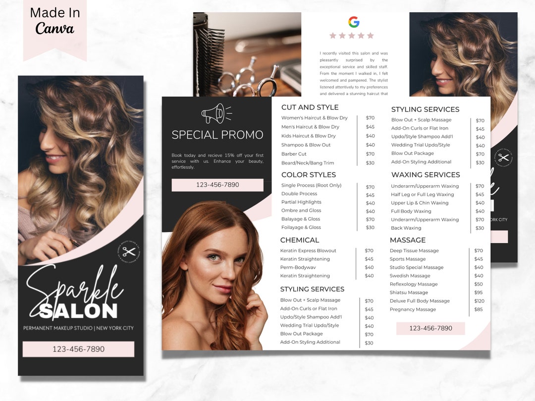 Beauty Salon Trifold Brochure Template, Editable Beauty Salon Price ...