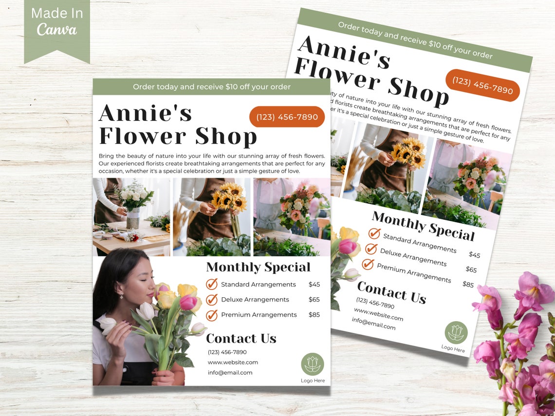 Flower Shop Flyer Template, Editable Florist Flower Shop Small Business ...