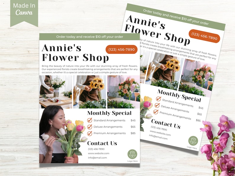 Flower Shop Flyer Template, Editable Florist Flower Shop Small Business ...