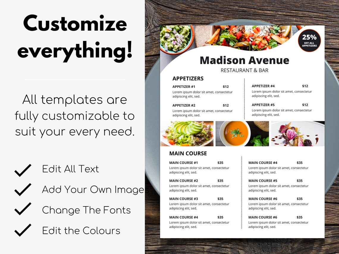 Restaurant Food Menu DIY Business Menu Template Editable - Etsy
