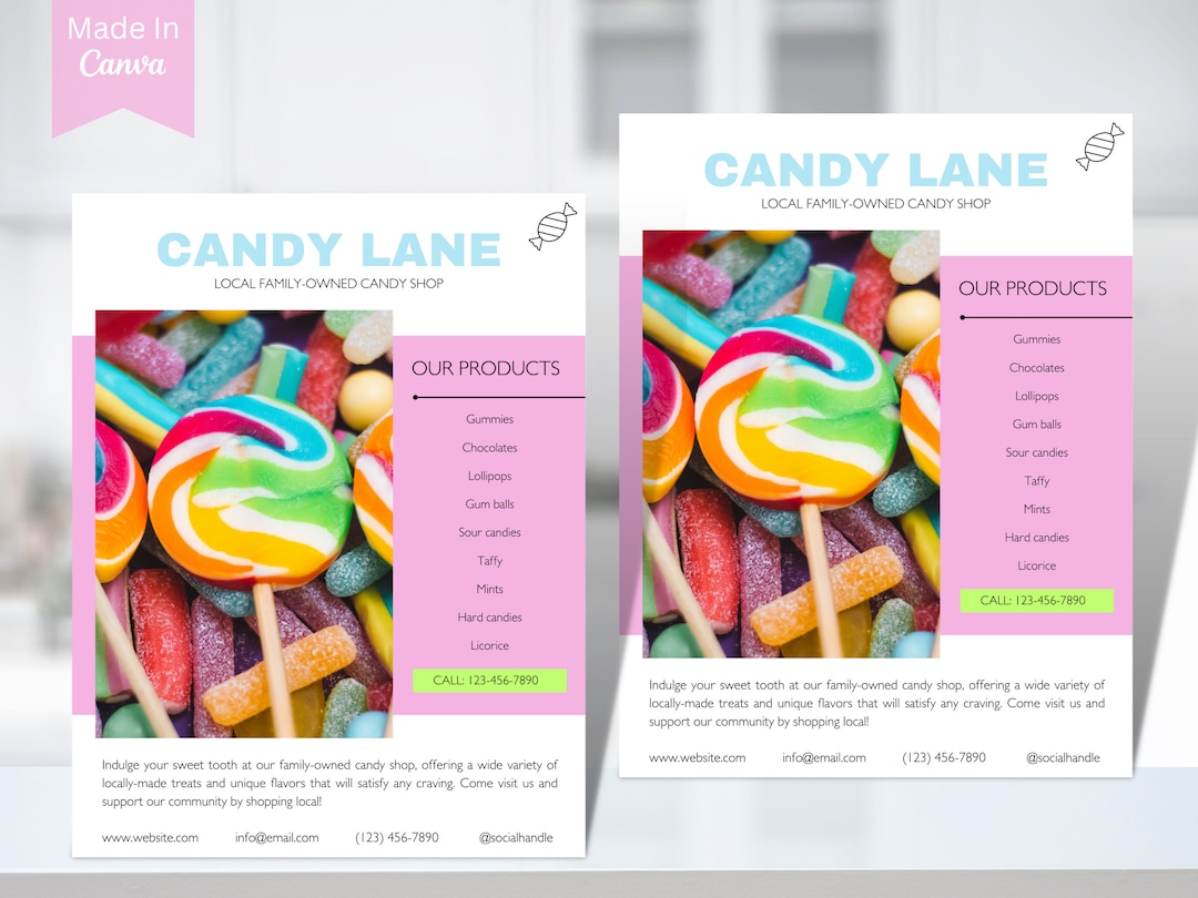 Candy Shop Flyer, DIY Canva Candy Shop Flyer Template, Editable Social ...