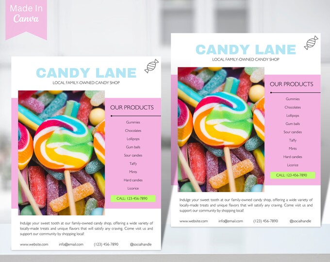 Candy Shop Flyer, DIY Canva Candy Shop Flyer Template, Editable Social ...