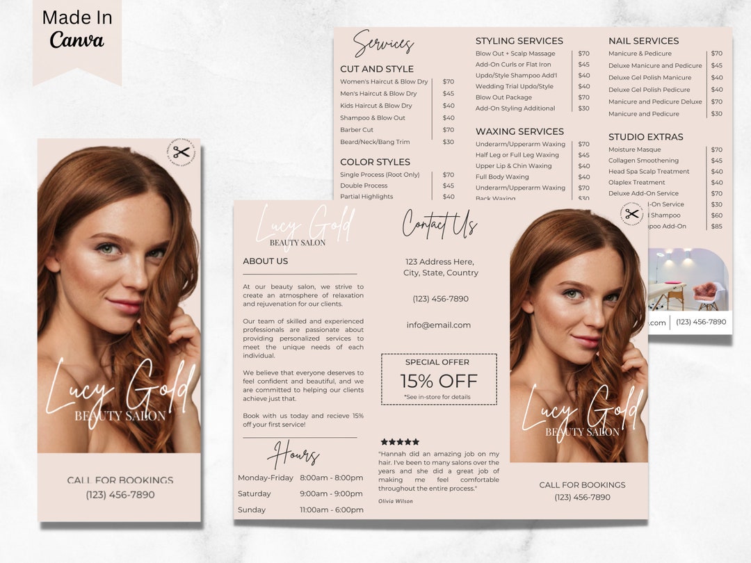 Beauty Salon Trifold Brochure Template, Editable Beauty Salon Price ...