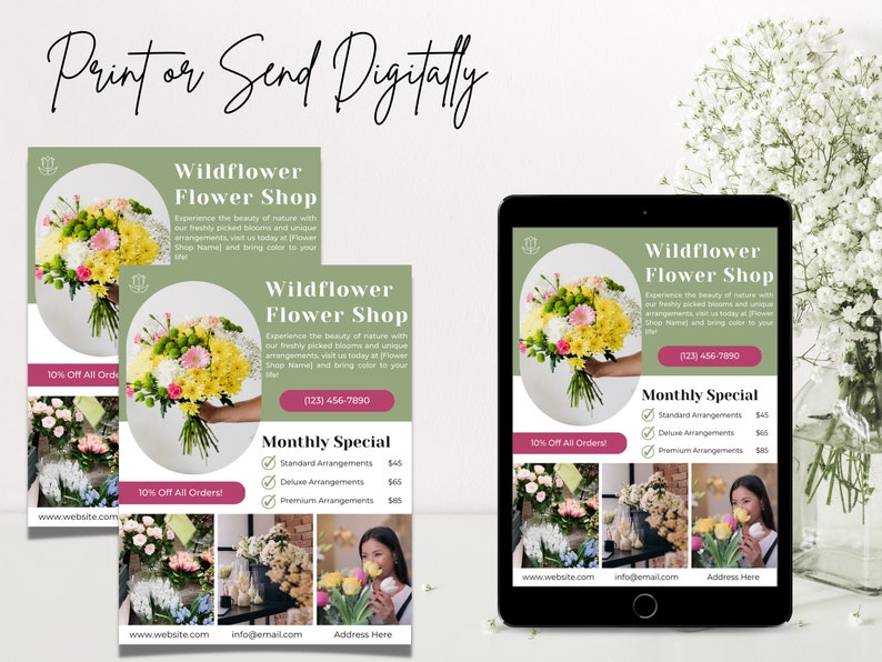 Flower Shop Flyer Template, Editable Florist Flower Shop Small Business ...