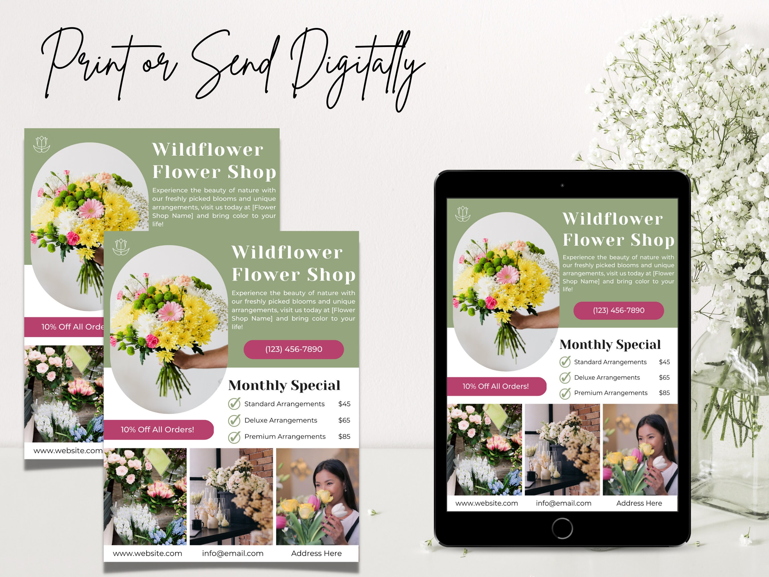 Flower Shop Flyer Template, Editable Florist Flower Shop Small Business ...