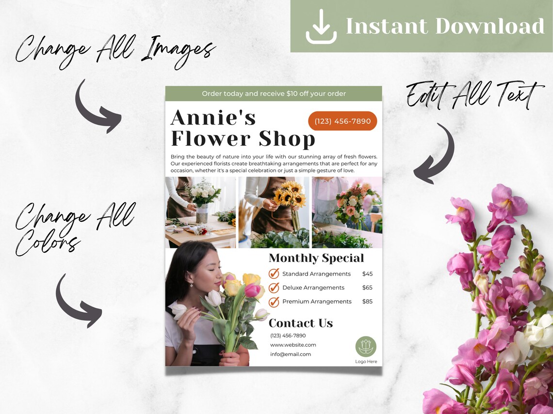 Flower Shop Flyer Template, Editable Florist Flower Shop Small Business ...