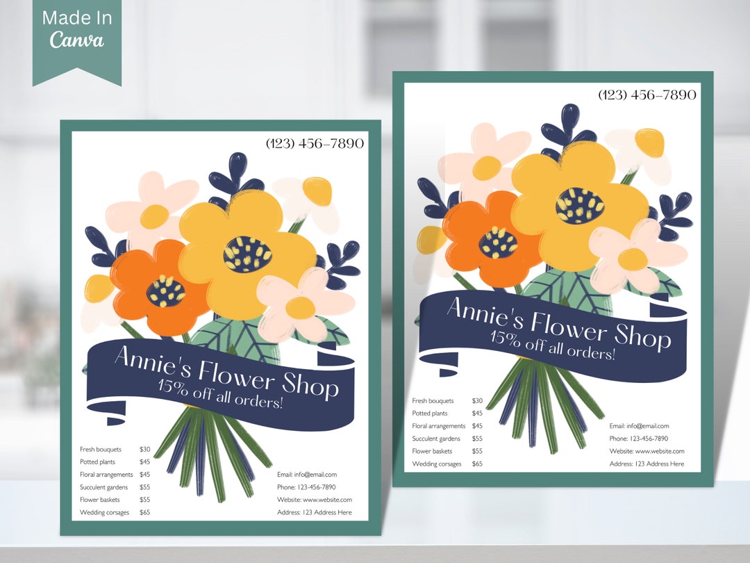 Flower Shop Flyer Template, Editable Florist Flower Shop Small Business ...