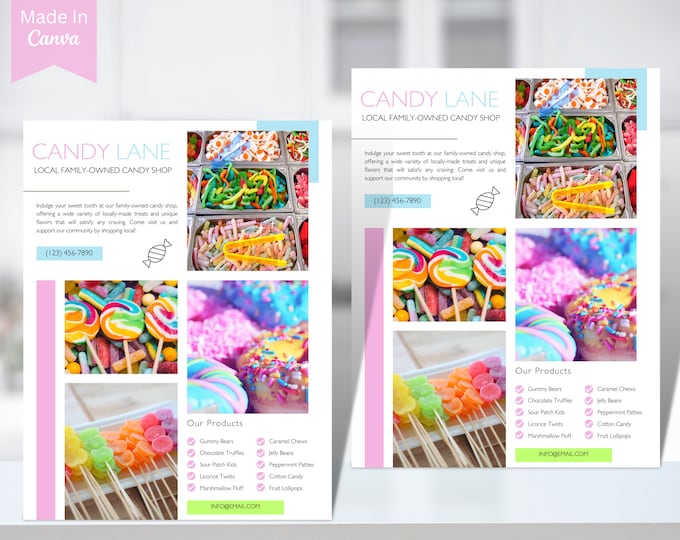 Candy Shop Flyer, DIY Canva Candy Shop Flyer Template, Editable Social ...
