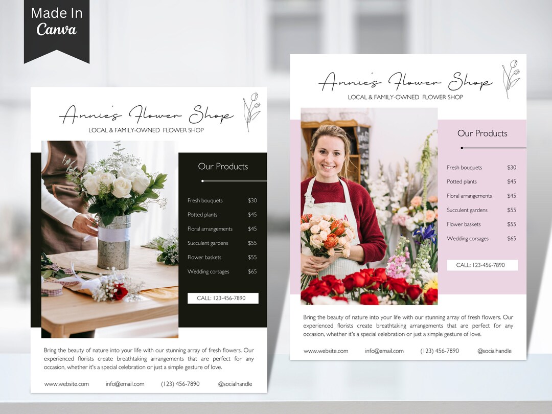 Flower Shop Flyer Template, Editable Florist Flower Shop Small Business ...