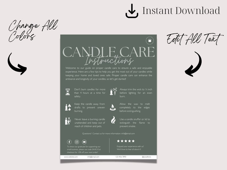 Candle Care Card, Printable Candle Care Instructions, Canva Template ...