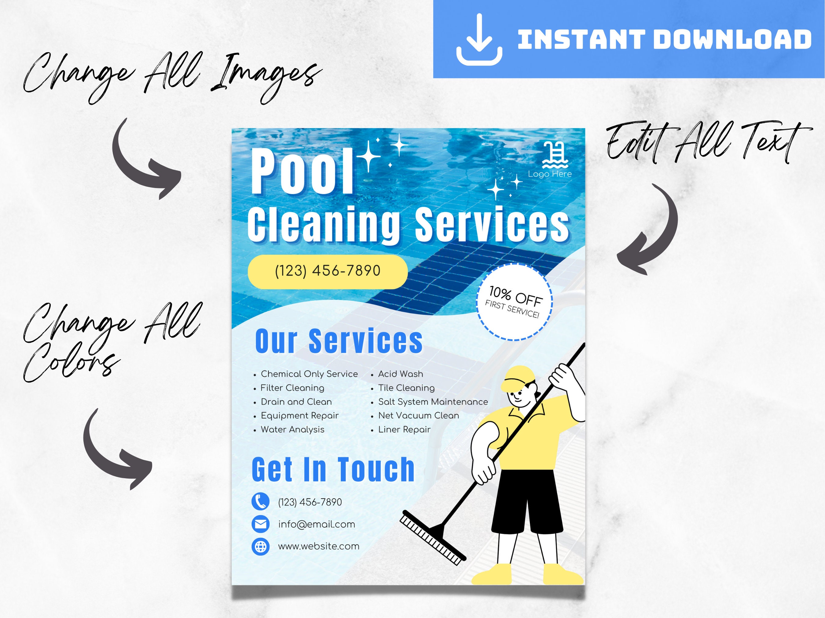 Pool Cleaning Flyer, Diy Editable Canva Template, Printable, Swimming ...