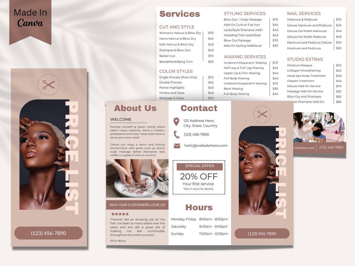 Beauty Salon Trifold Brochure Template, Editable Beauty Salon Price ...
