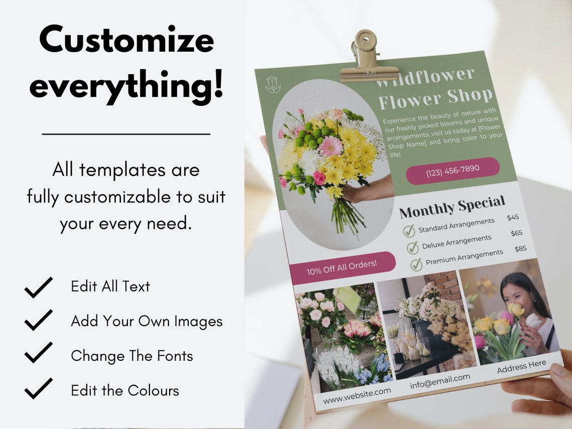 Flower Shop Flyer Template, Editable Florist Flower Shop Small Business ...