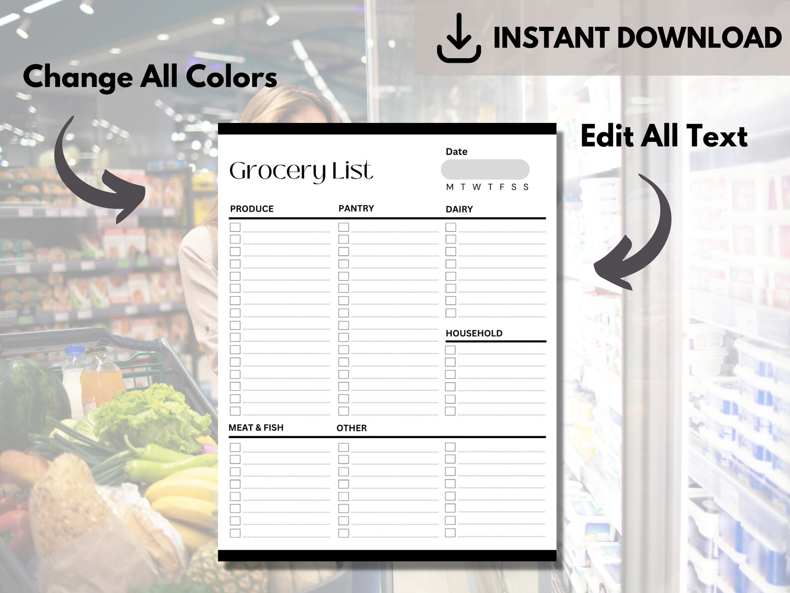 Printable Grocery List, Groceries Planner, Food Shopping List, Dairy ...
