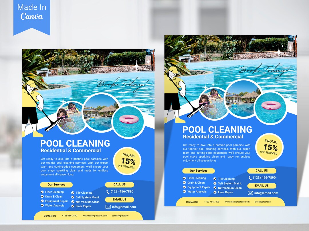 Pool Cleaning Flyer, DIY Editable Canva Template, Printable, Swimming ...