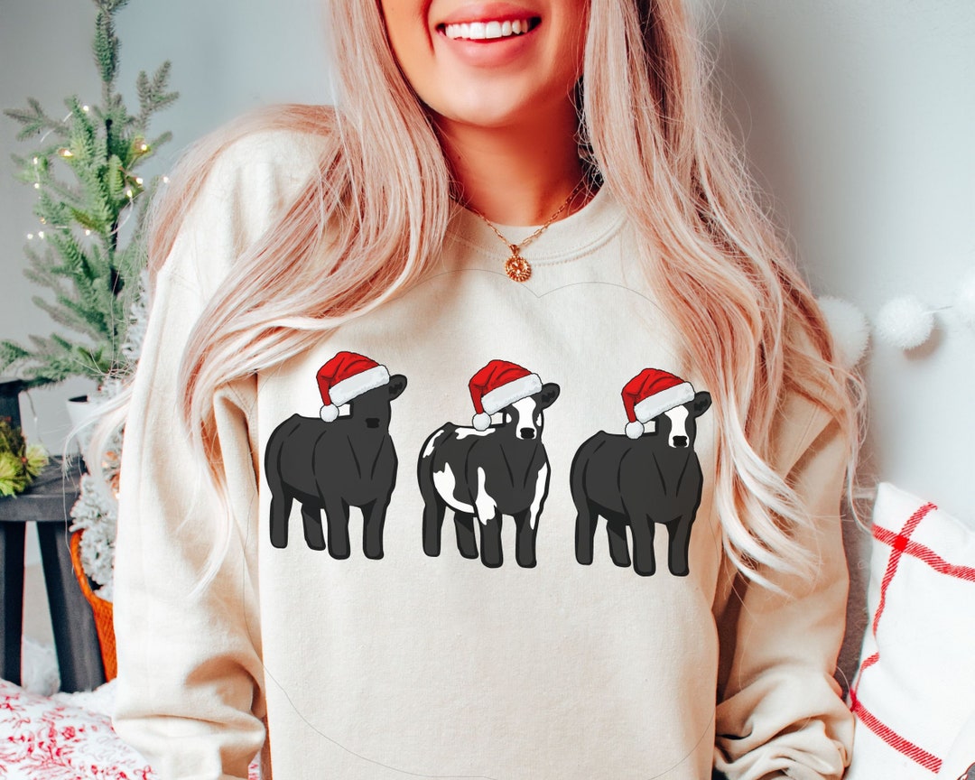 Santa Heifer Retro Christmas Cow Sweatshirt Merry Cattle Lover Sweater ...