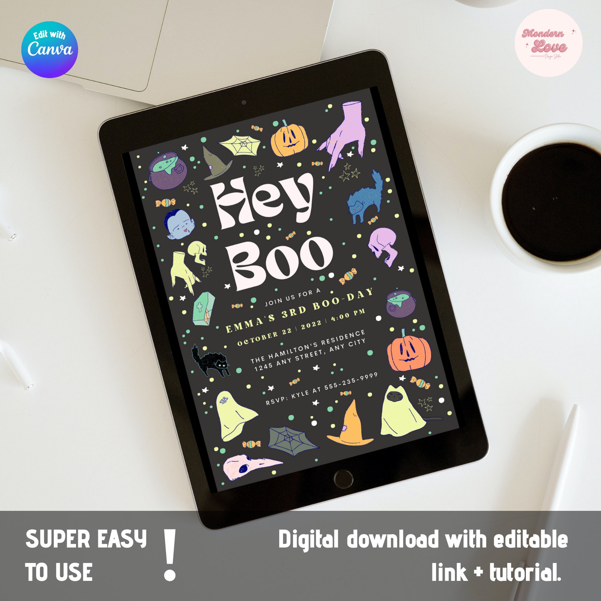 Three Hey Boo Birthday Invitation, EDITABLE Kids Halloween Party ...