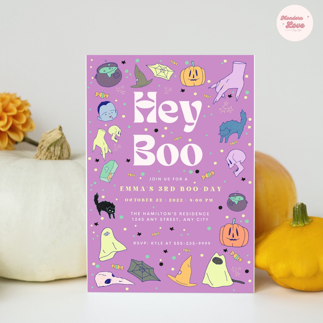 Three Hey Boo Birthday Invitation, EDITABLE Kids Halloween Party ...
