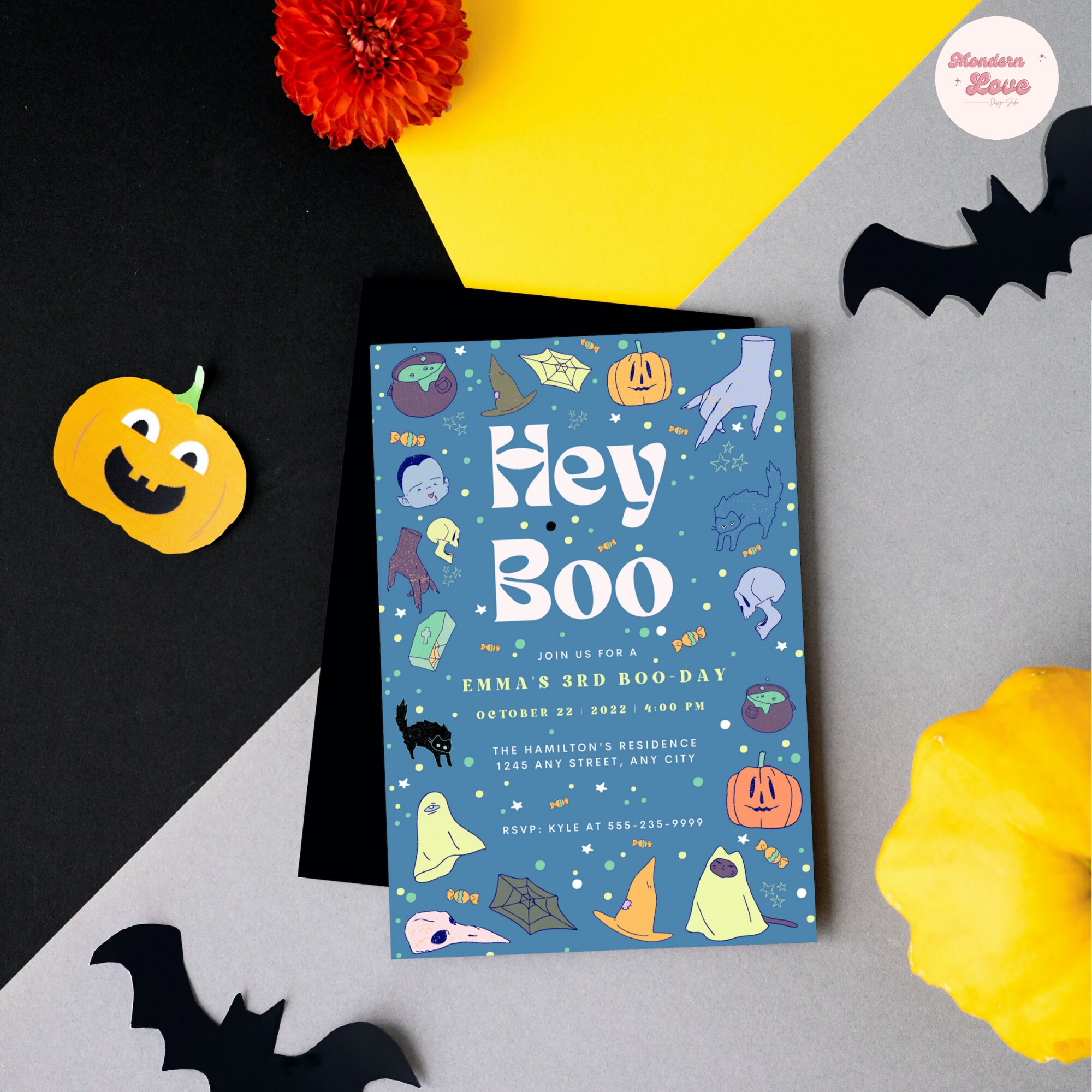 Three Hey Boo Birthday Invitation, EDITABLE Kids Halloween Party ...