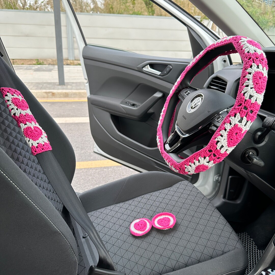 Pink Love Heart-shaped Car Steering Wheel Cover,crochet Car Steering ...