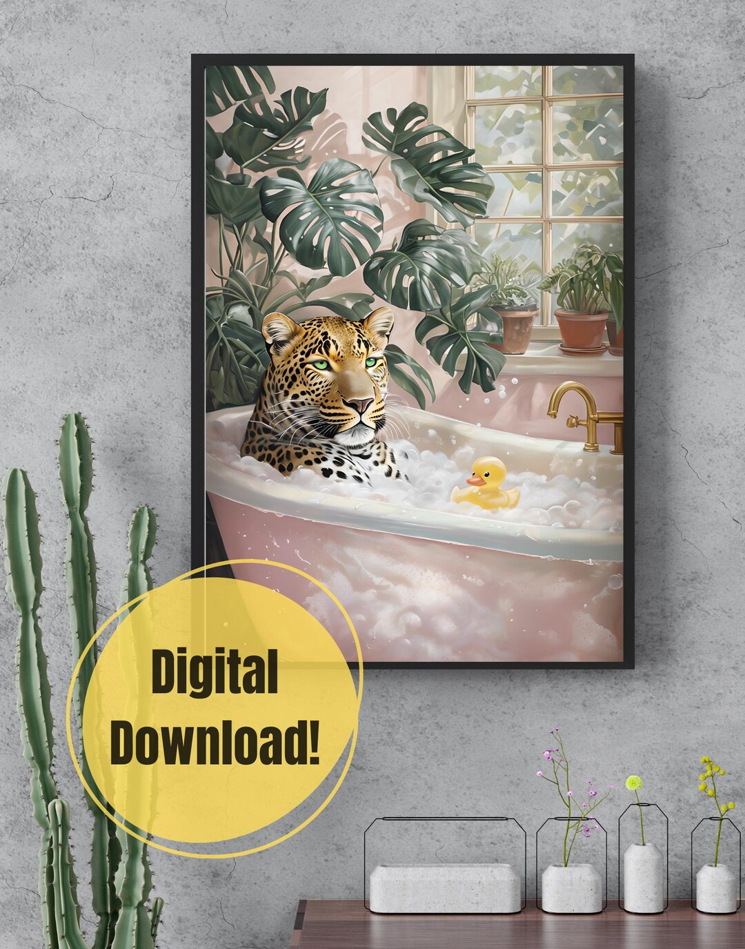 Leopard in the Tub, Rubber Ducky, Bubbles, Pink Bathtub, Bathroom Art ...
