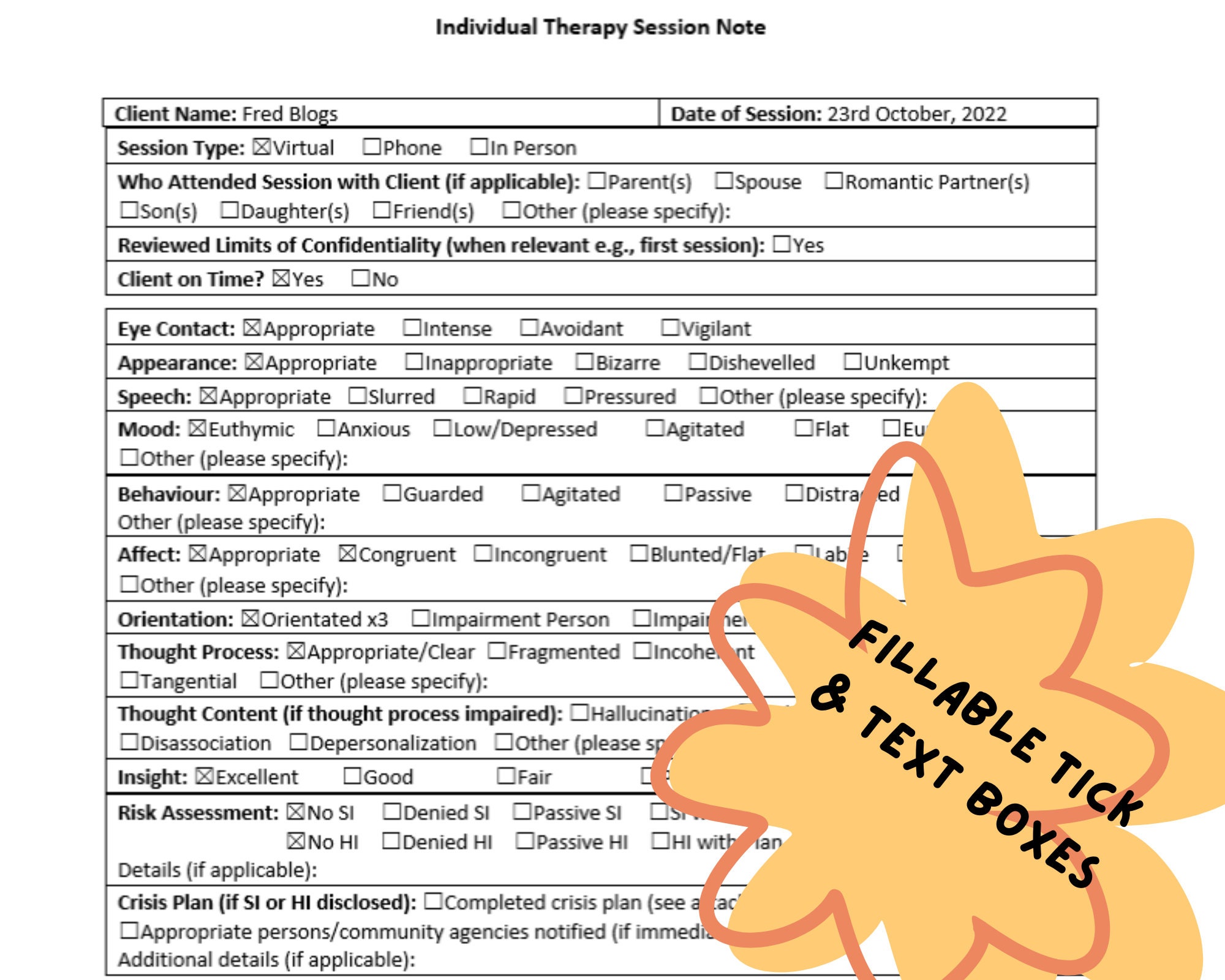 Fillable Therapy Session Progress Note Template - Etsy