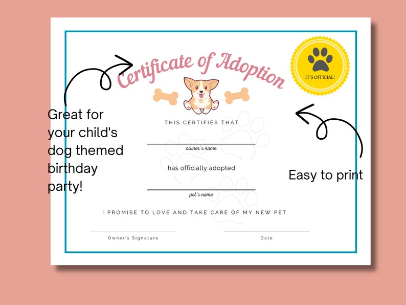Pet Adoption Certificate for Stuffed Animals, Puppy Party, Lets Pawty ...