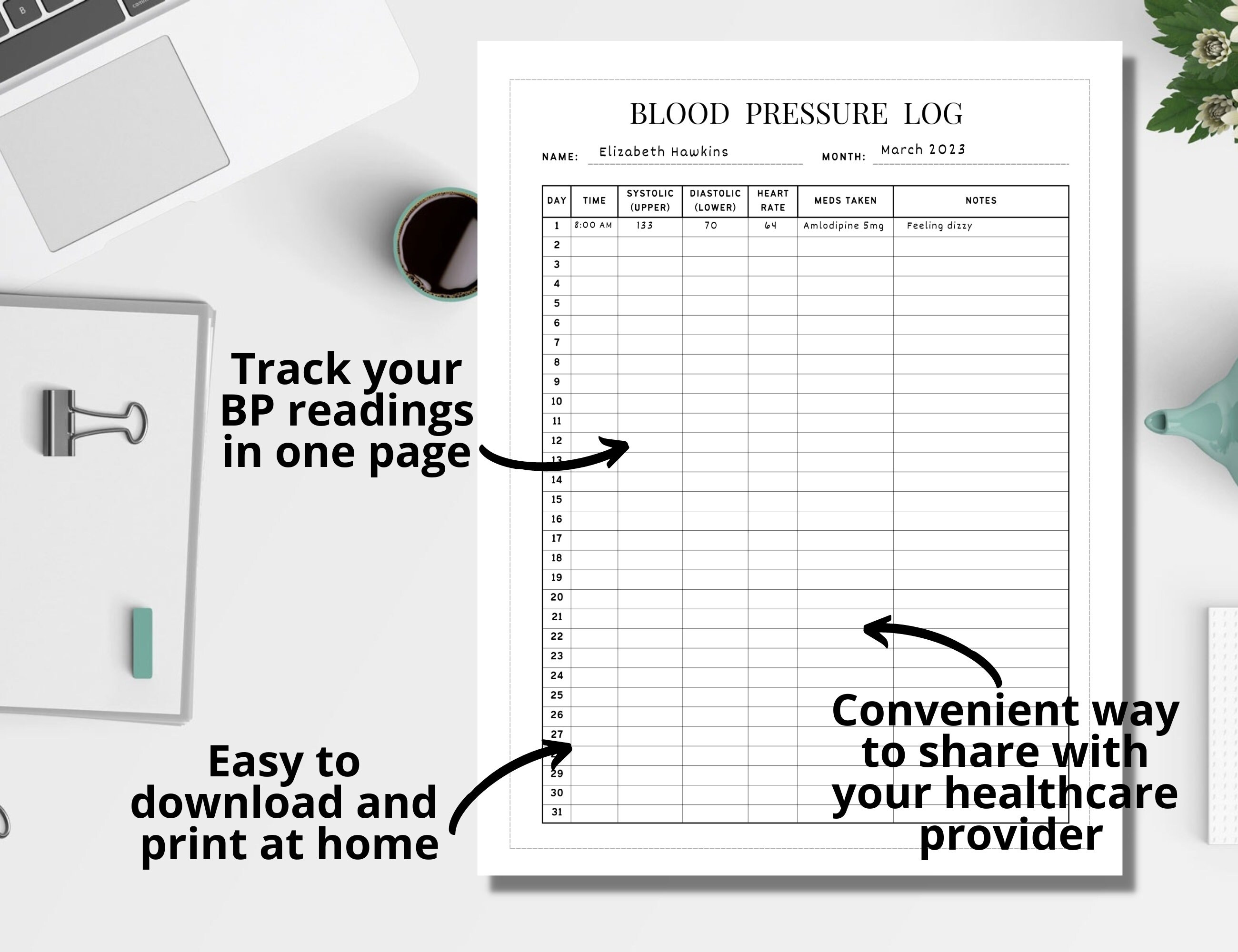 Blood Pressure Chart, Blood Pressure Log, Blood Pressure Tracker, Daily ...