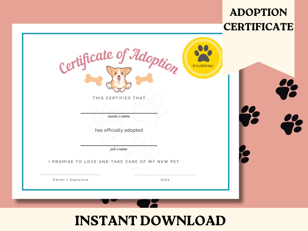 Pet Adoption Certificate for Stuffed Animals, Puppy Party, Lets Pawty ...