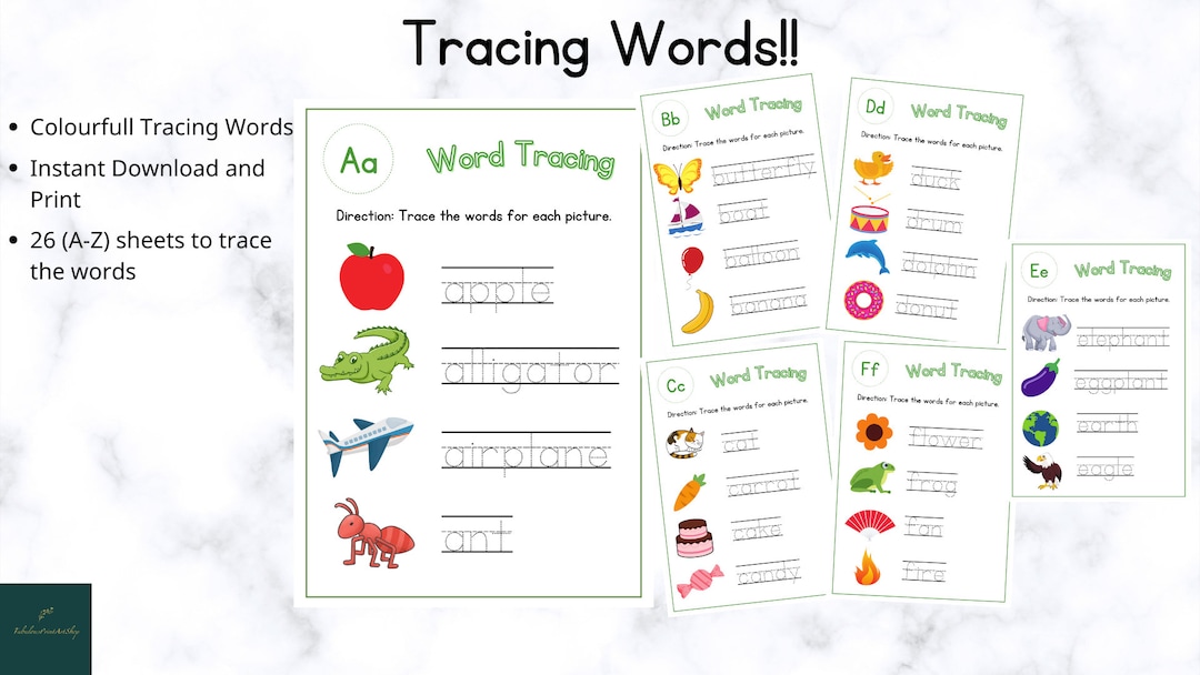 26 Printable Tracing Words Sheets | Colorful Illustrative A to Z Word ...