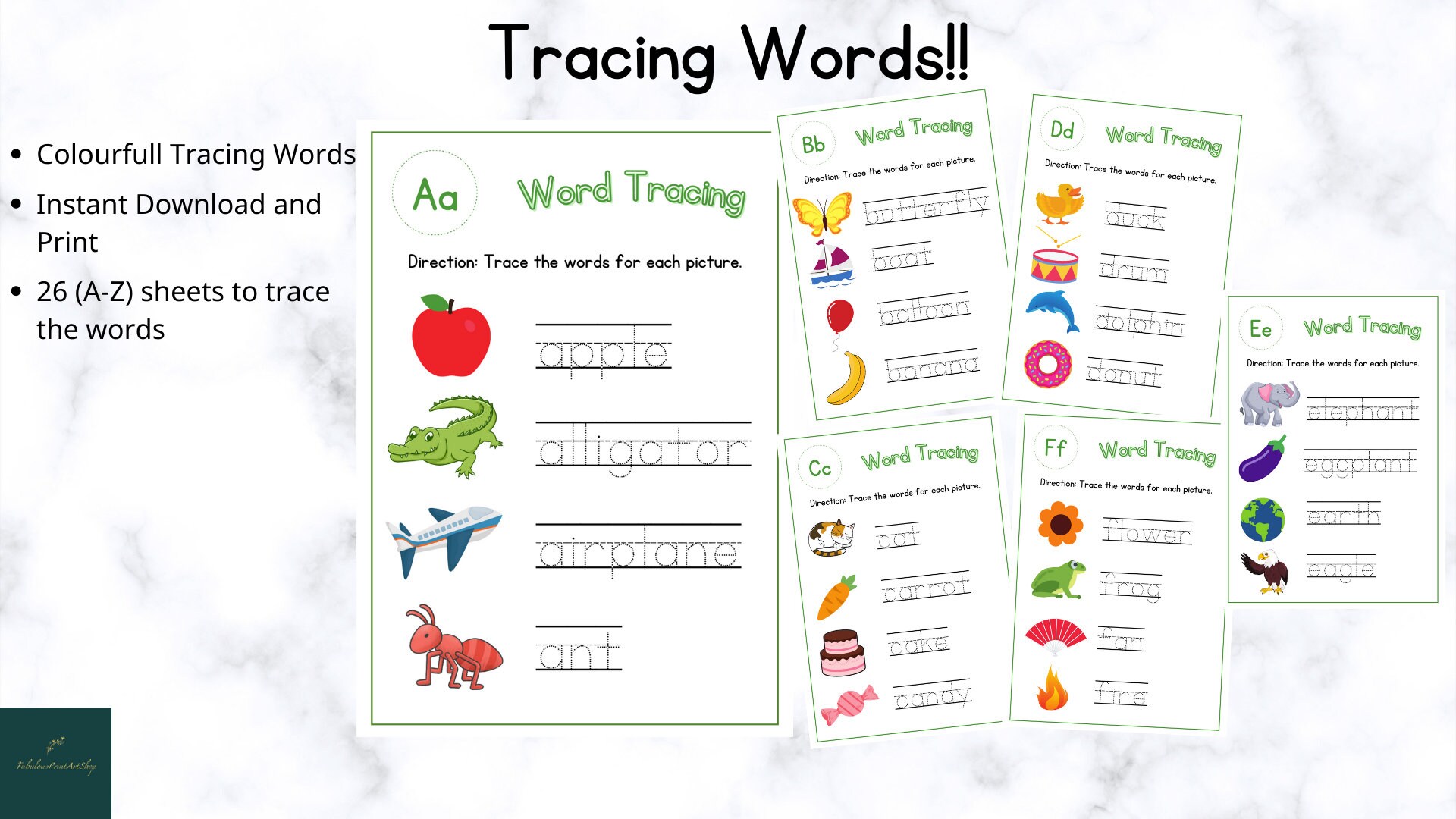 26 Printable Tracing Words Sheets | Colorful Illustrative A to Z Word ...