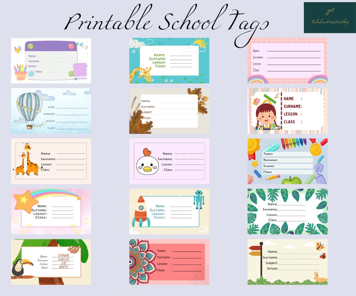 Printable School Tags | Back to School | Name, Surname, Lesson and ...