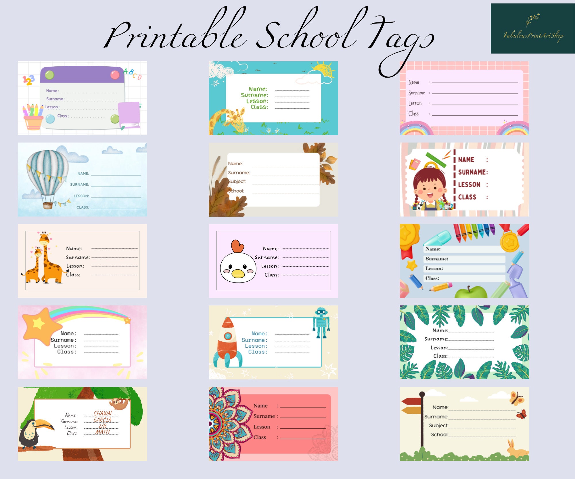Printable School Tags | Back to School | Name, Surname, Lesson and ...